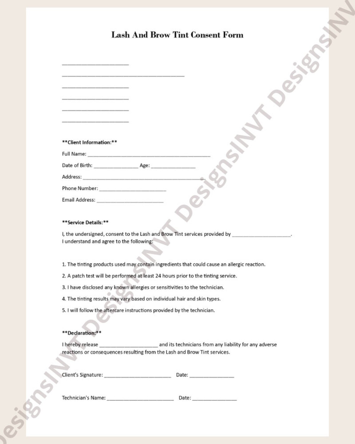 Editable Lash and Brow Tint Consent Form Template | MS Word & PDF - Etsy