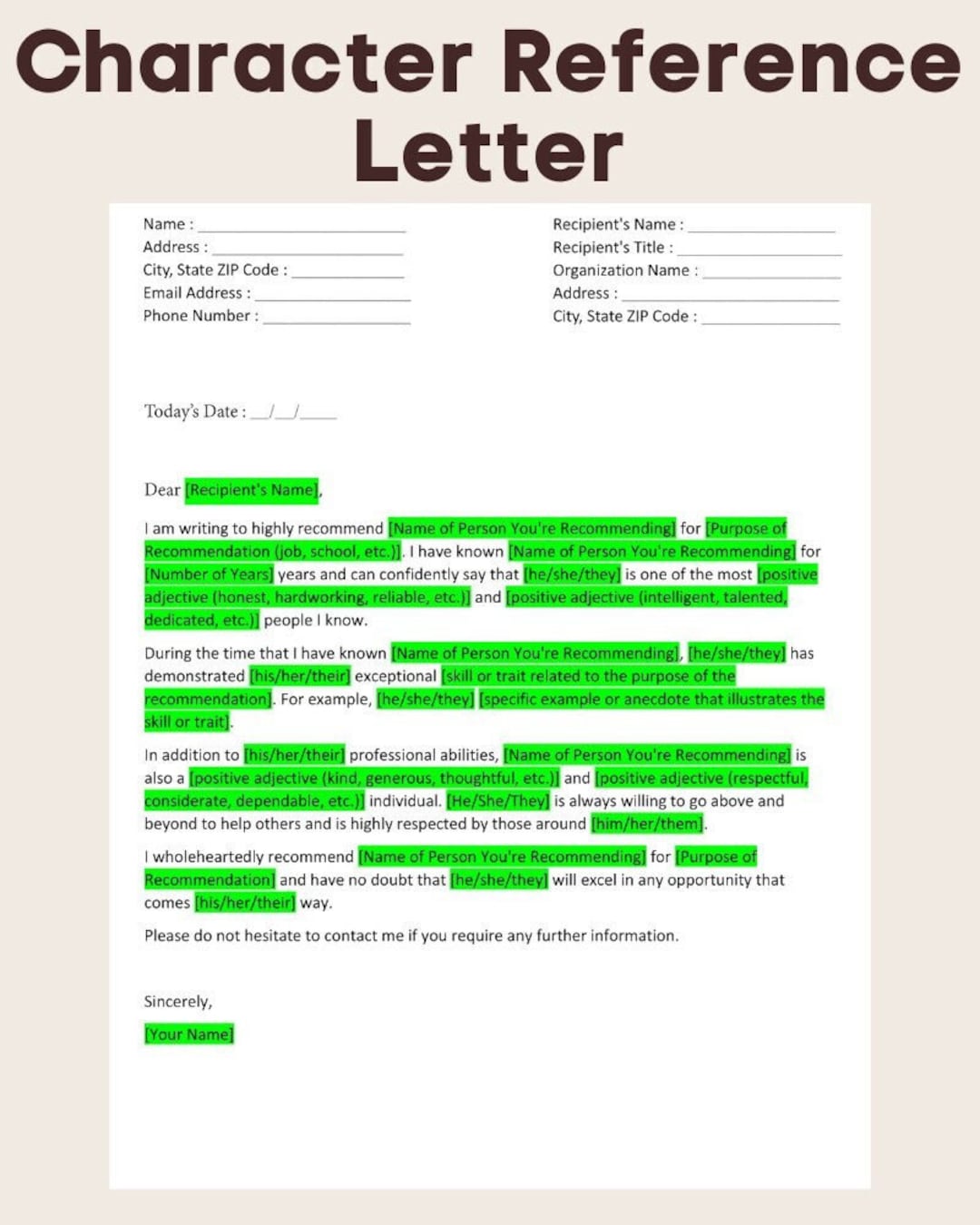 Professional Character Reference Letter | Editable MS WORD File - Etsy