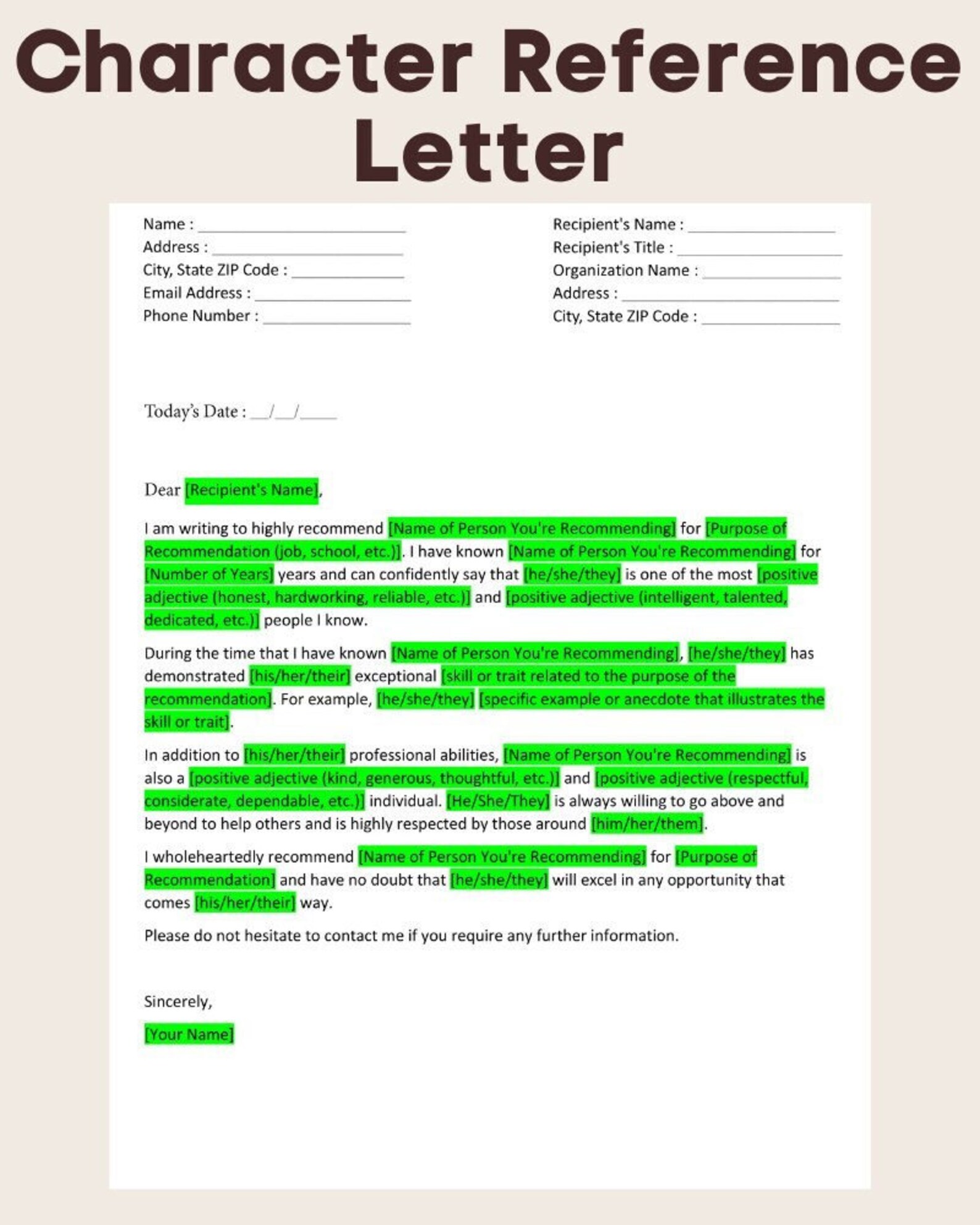 Professional Character Reference Letter | Editable MS WORD File - Etsy