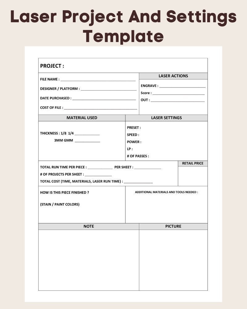 Laser Project and Settings Template - Etsy