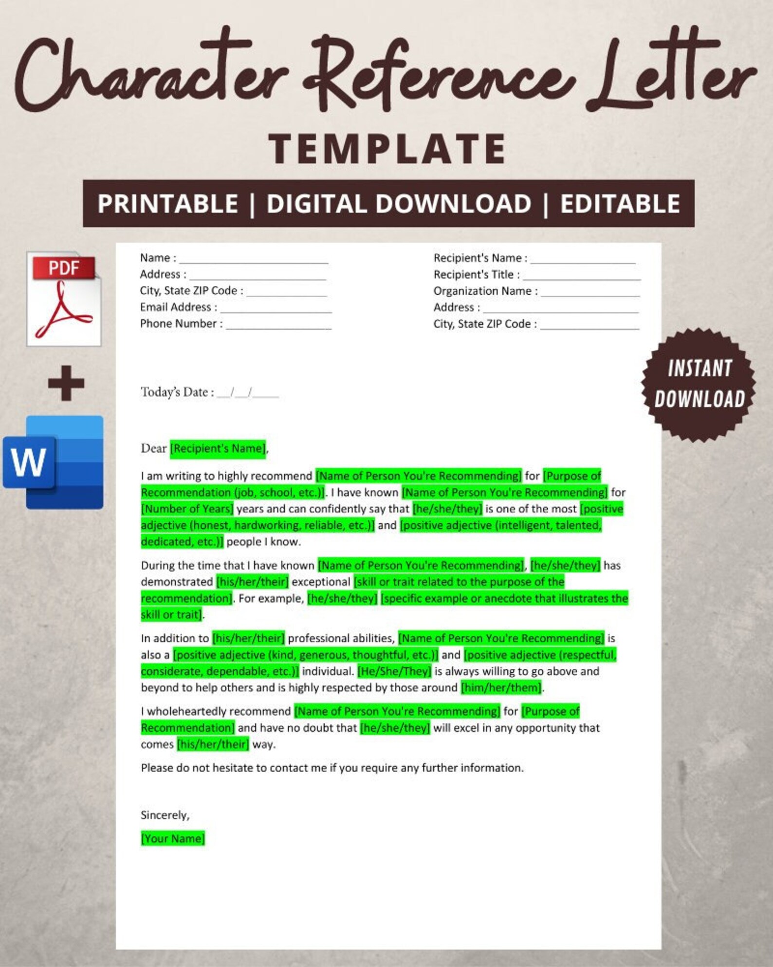Professional Character Reference Letter | Editable MS WORD File - Etsy