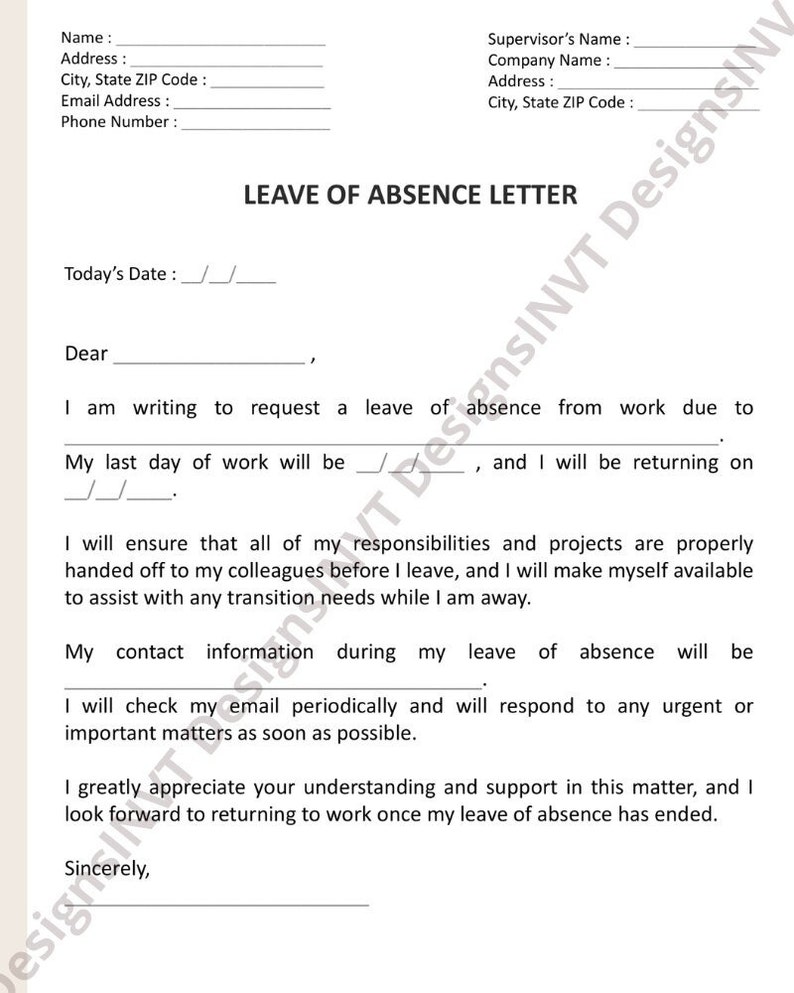 Leave of Absence Letter Template: Professional Form (PDF & PPT) - Etsy