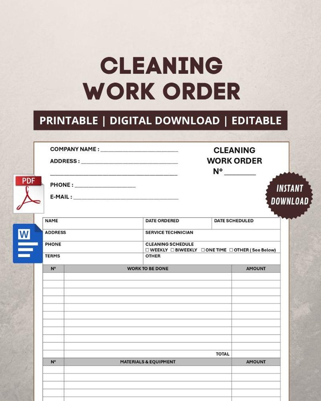 Cleaning Work Order Template | Professional Cleaning Job Form ...