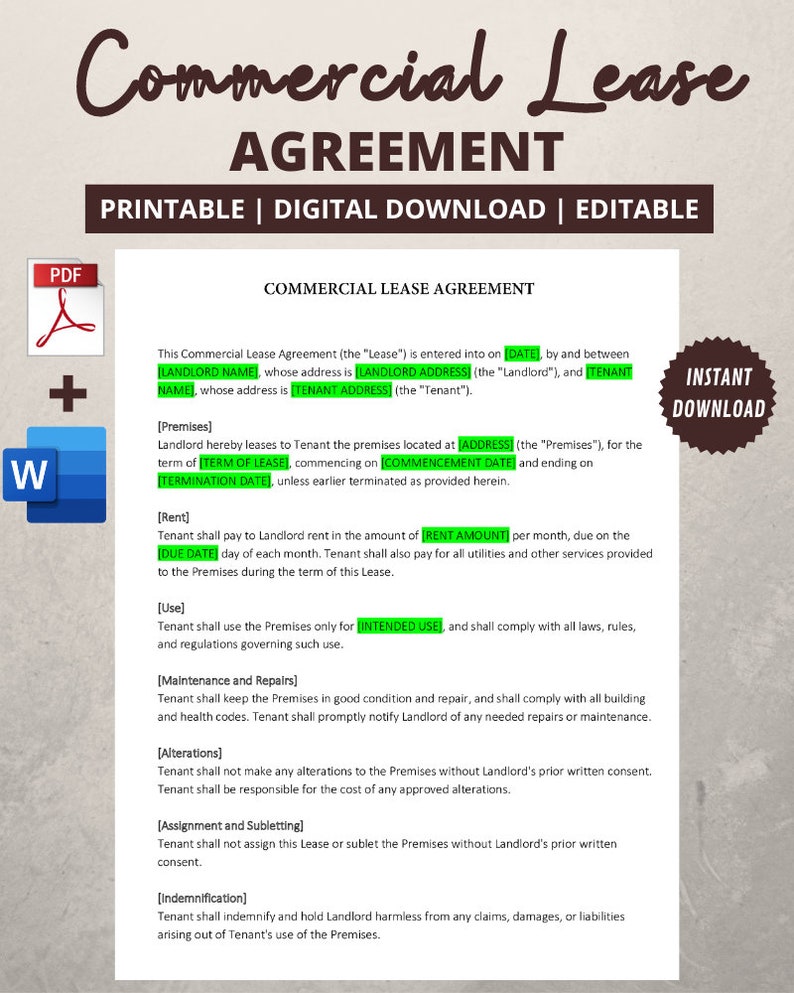 Professional Commercial Lease Agreement | Instant Download - Etsy