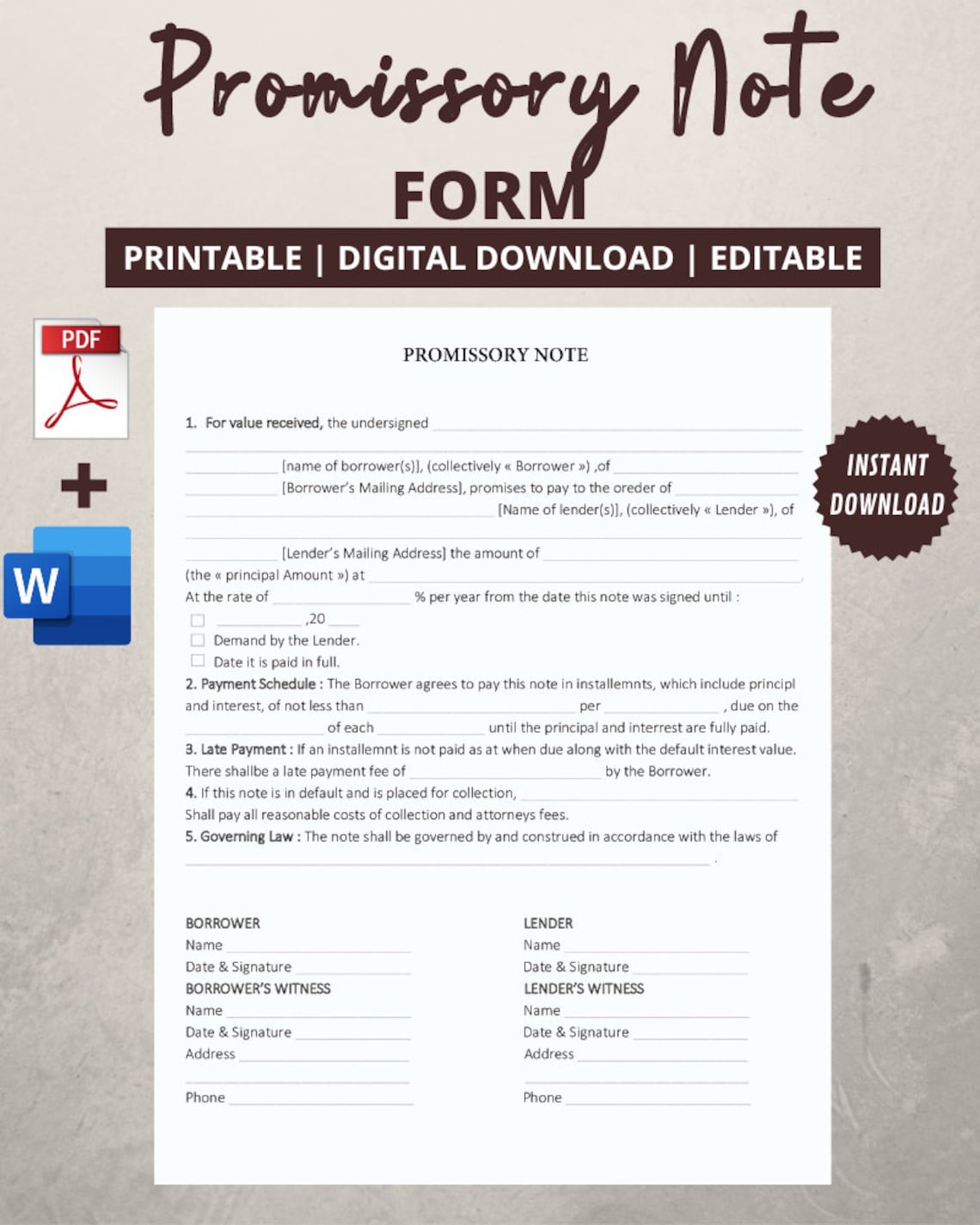Promissory Note Form Template | Editable MS WORD File | Instant ...