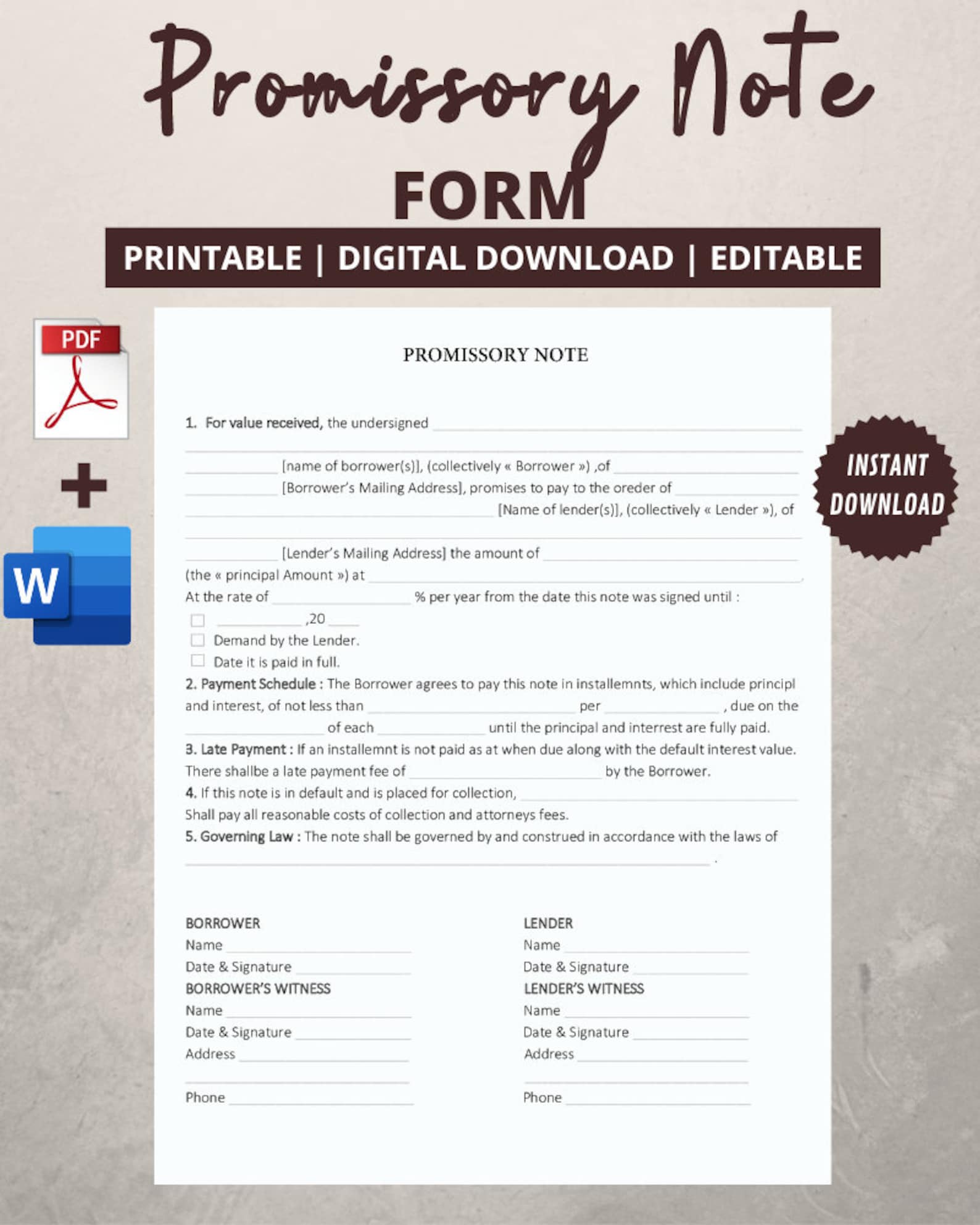 Promissory Note Form Template | Editable MS WORD File | Instant ...
