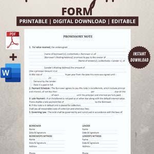 Promissory Note Form Template | Editable MS WORD File | Instant ...