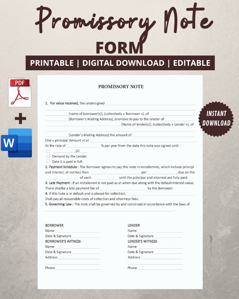 Promissory Note Form Template | Editable MS WORD File | Instant ...