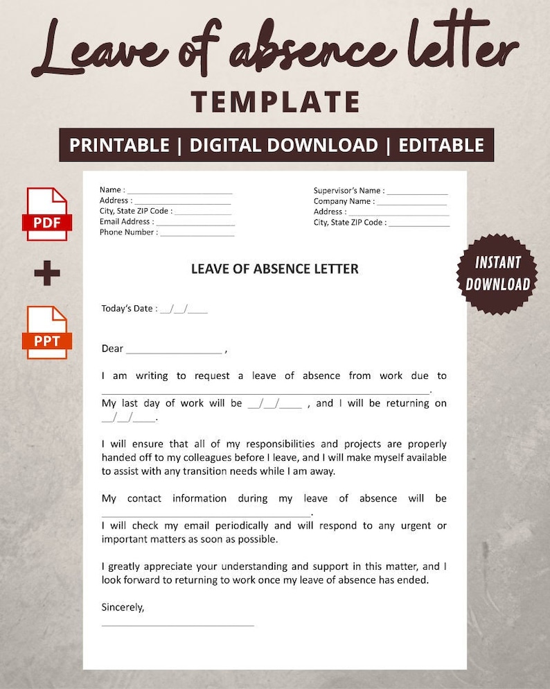 Leave of Absence Letter Template: Professional Form (PDF & PPT) - Etsy