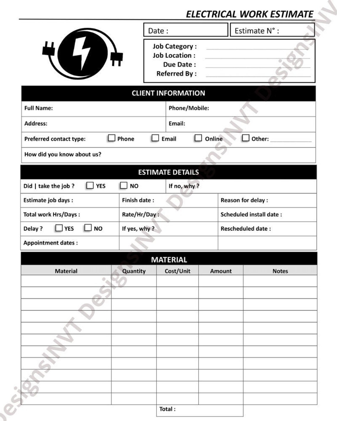 Electrical Estimate Form Electrical Estimating Sheets Printable Job ...