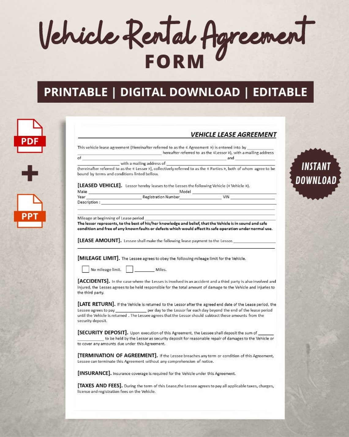 Vehicle Rental Agreement Car Rental Agreement Form Car Rentals Contract ...