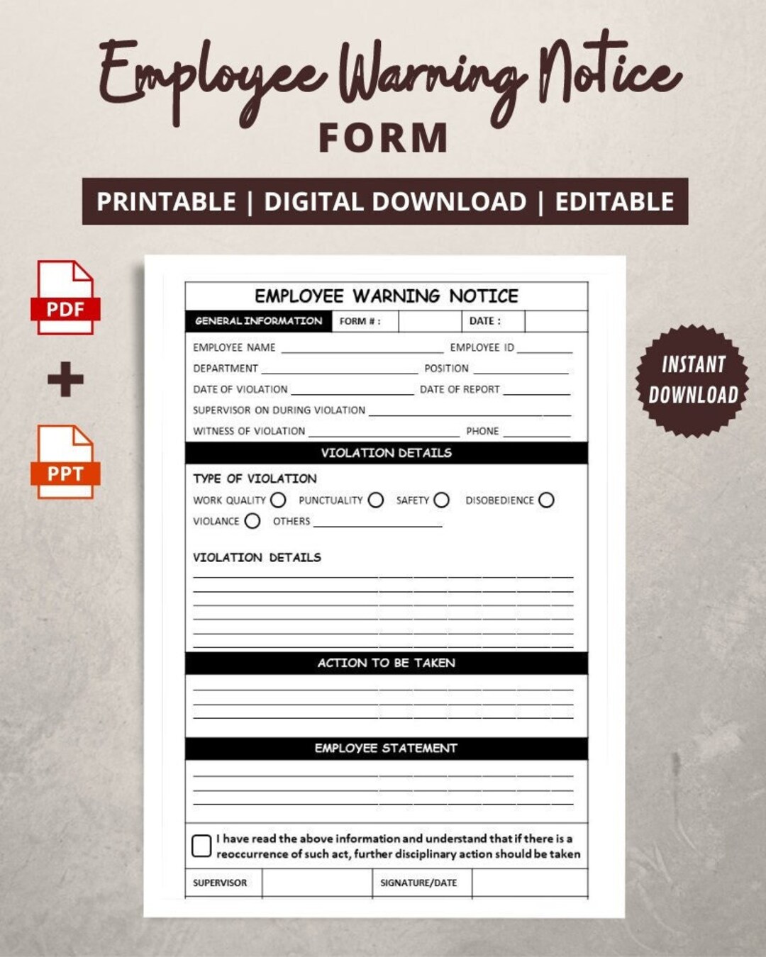 Employee Warning Notice Form | Employee Disciplinary Notice | Employee ...