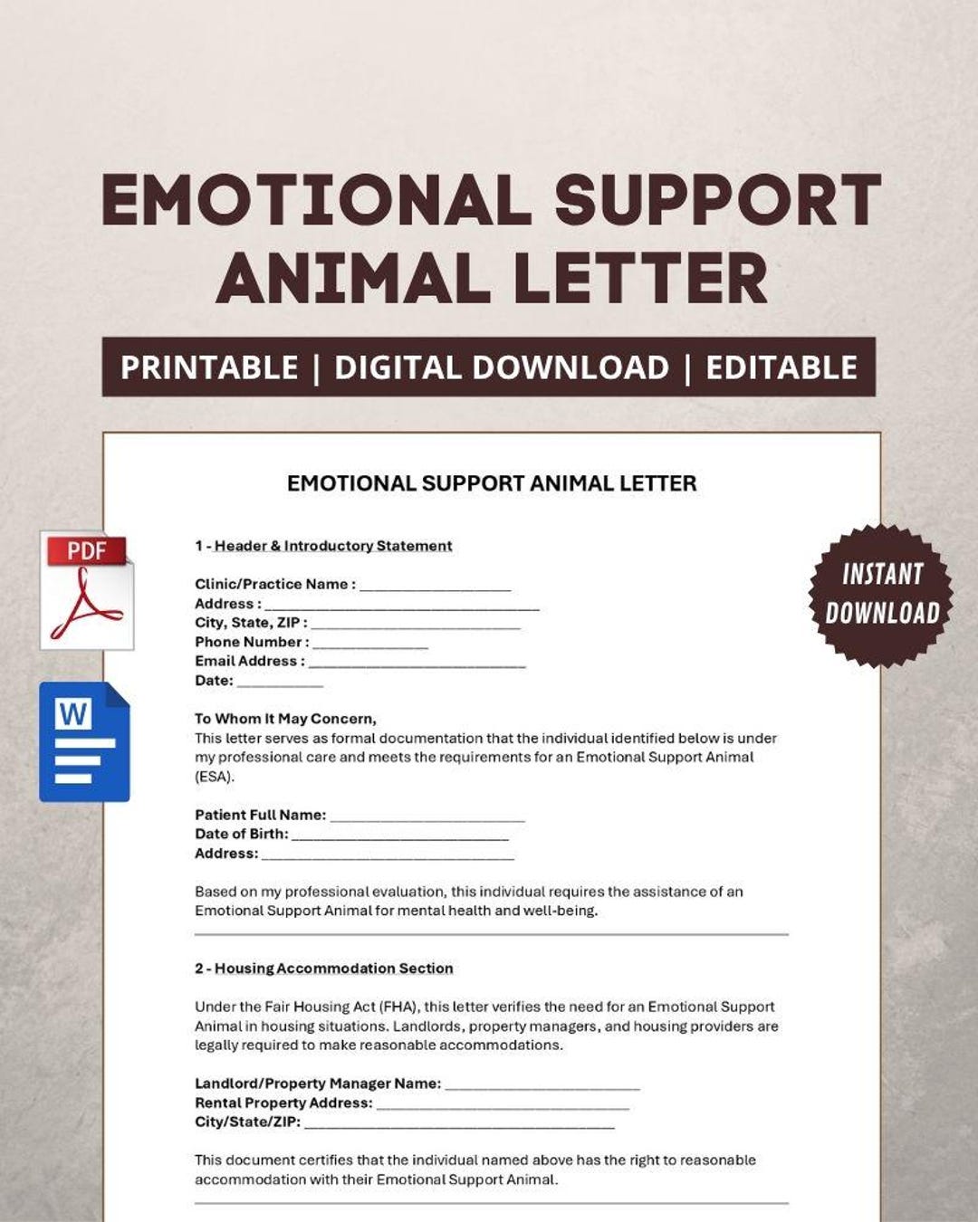 Editable Emotional Support Animal Letter Template for Landlords (PDF ...