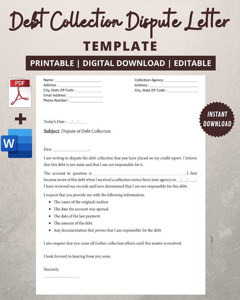 Professional Debt Collection Dispute Letter Template - Etsy