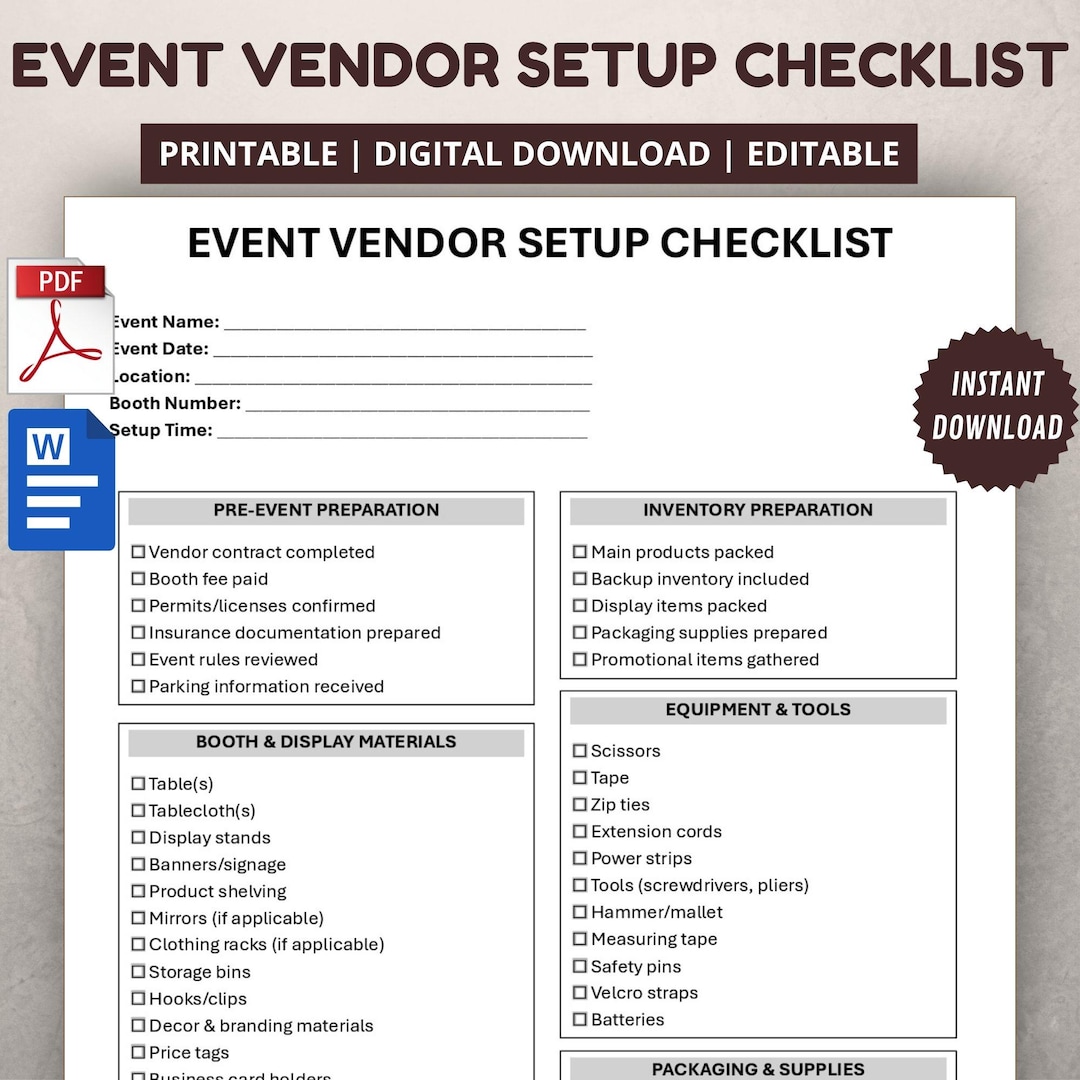 Event Vendor Setup Checklist Template - Etsy