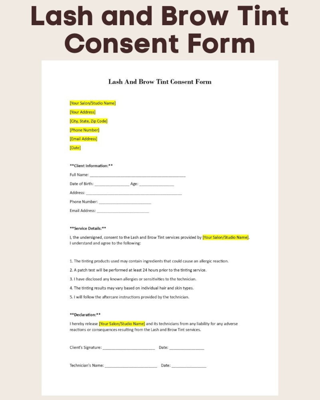 Editable Lash and Brow Tint Consent Form Template | MS Word & PDF - Etsy