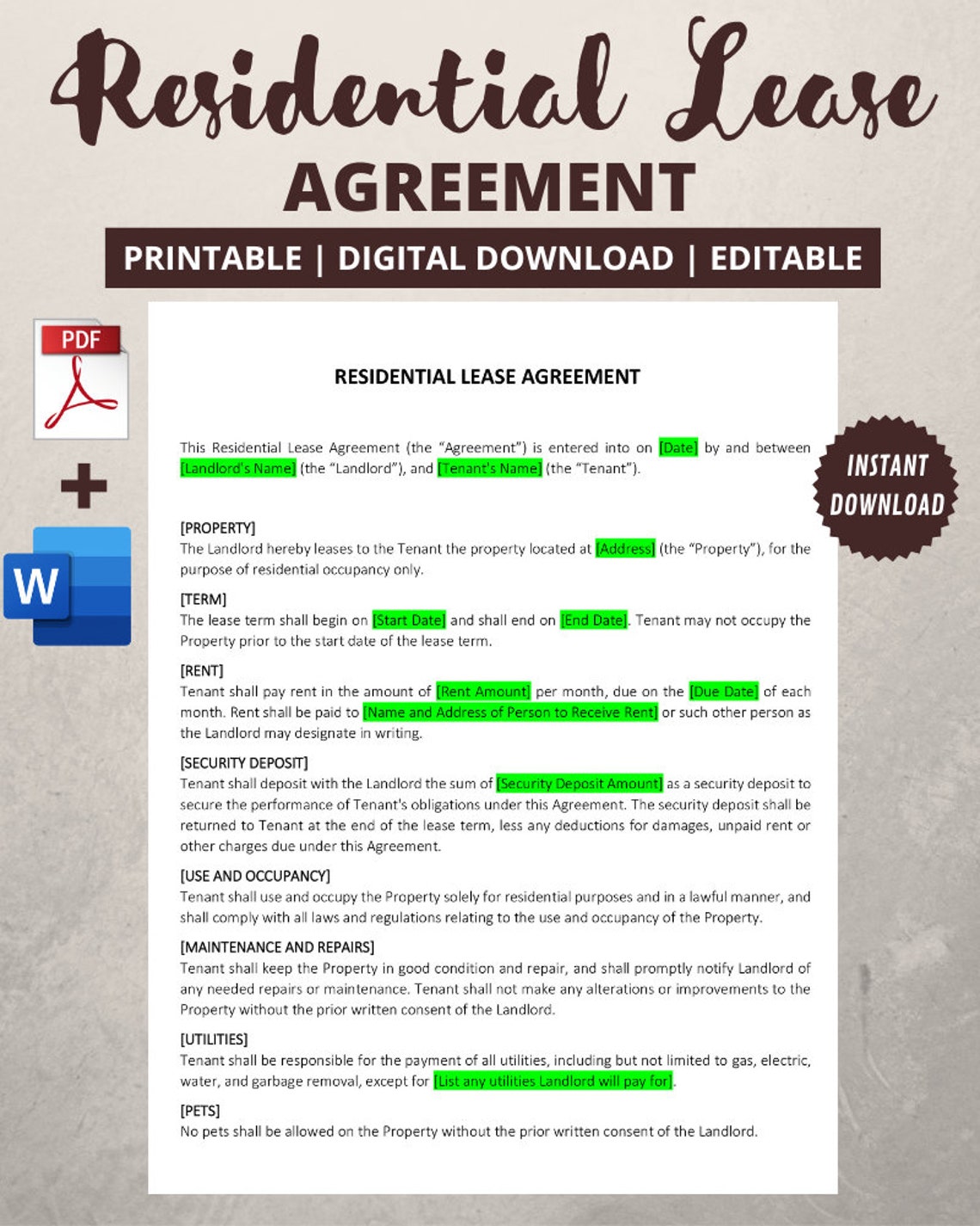 Simple Residential Lease Agreement Template - Etsy