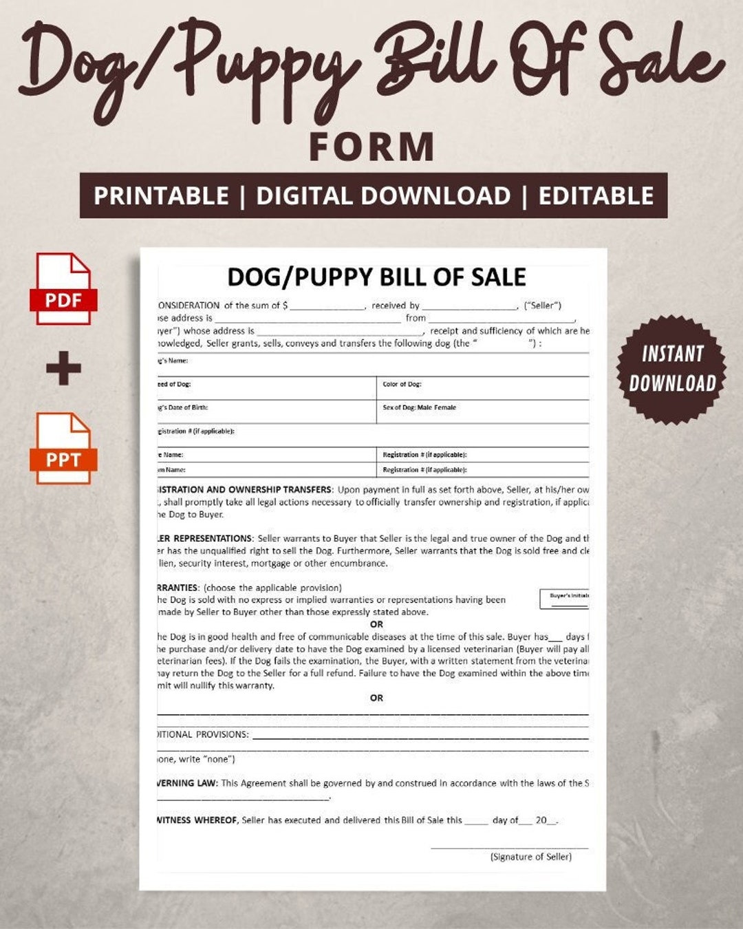 Dog/puppy Bill of Sale Form | Editable PPT File | Pet Bill of Sale Form ...