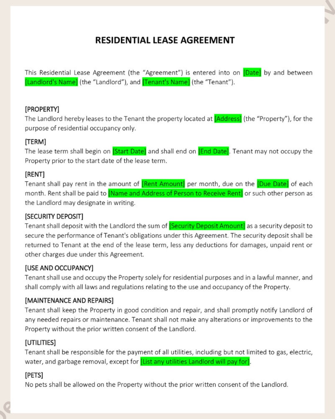 Simple Residential Lease Agreement Template - Etsy