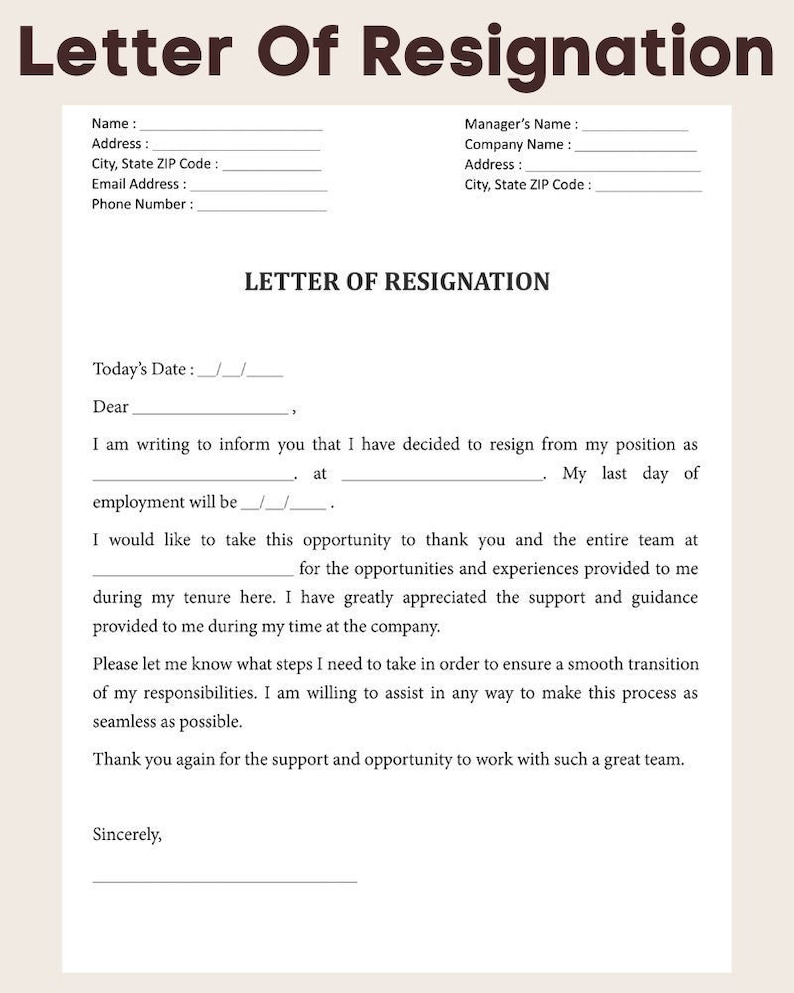 Sample Resignation Letter Template Ms Word Pdf File Etsy