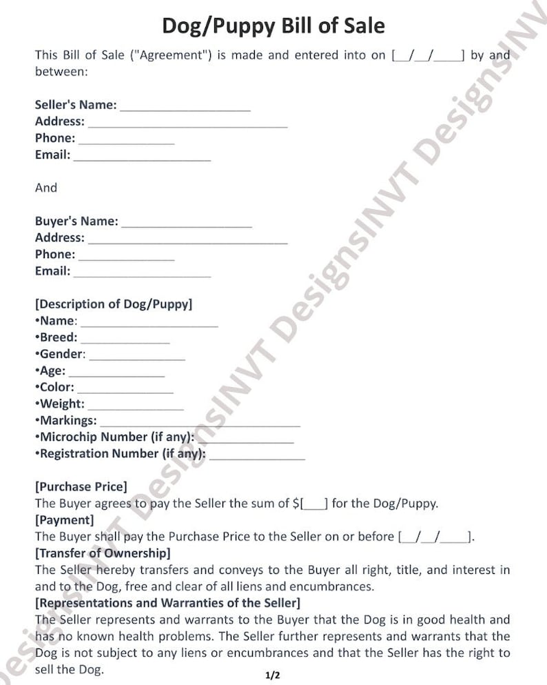 Sample Dog/puppy Bill of Sale Form Agreement - Etsy