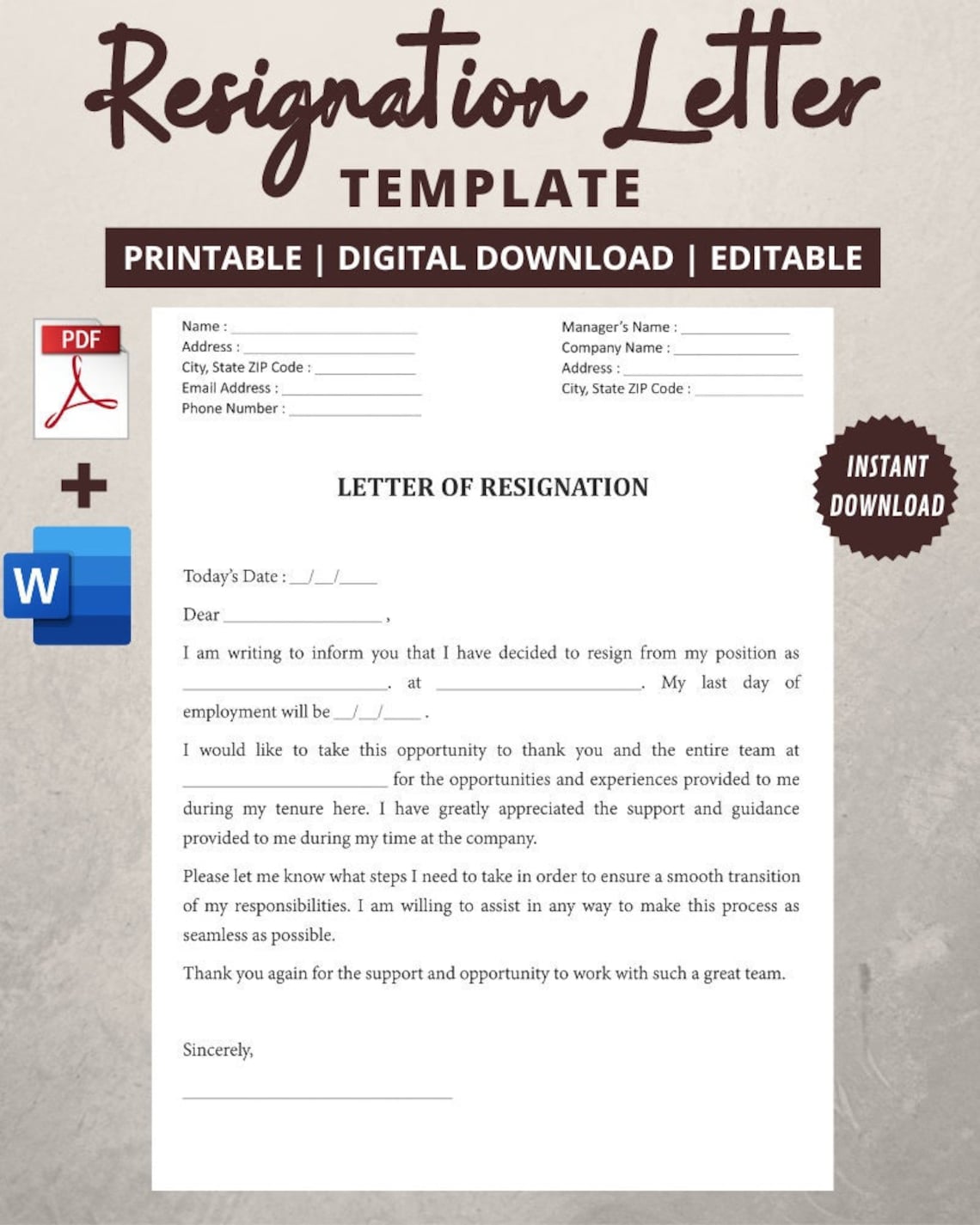 Resignation Letter Template: Professional MS Word/pdf File - Etsy