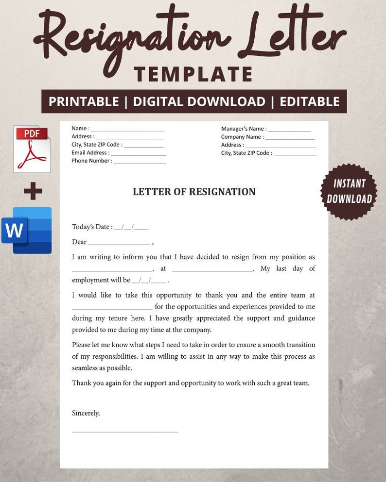Sample Resignation Letter Template | MS WORD/PDF File - Etsy