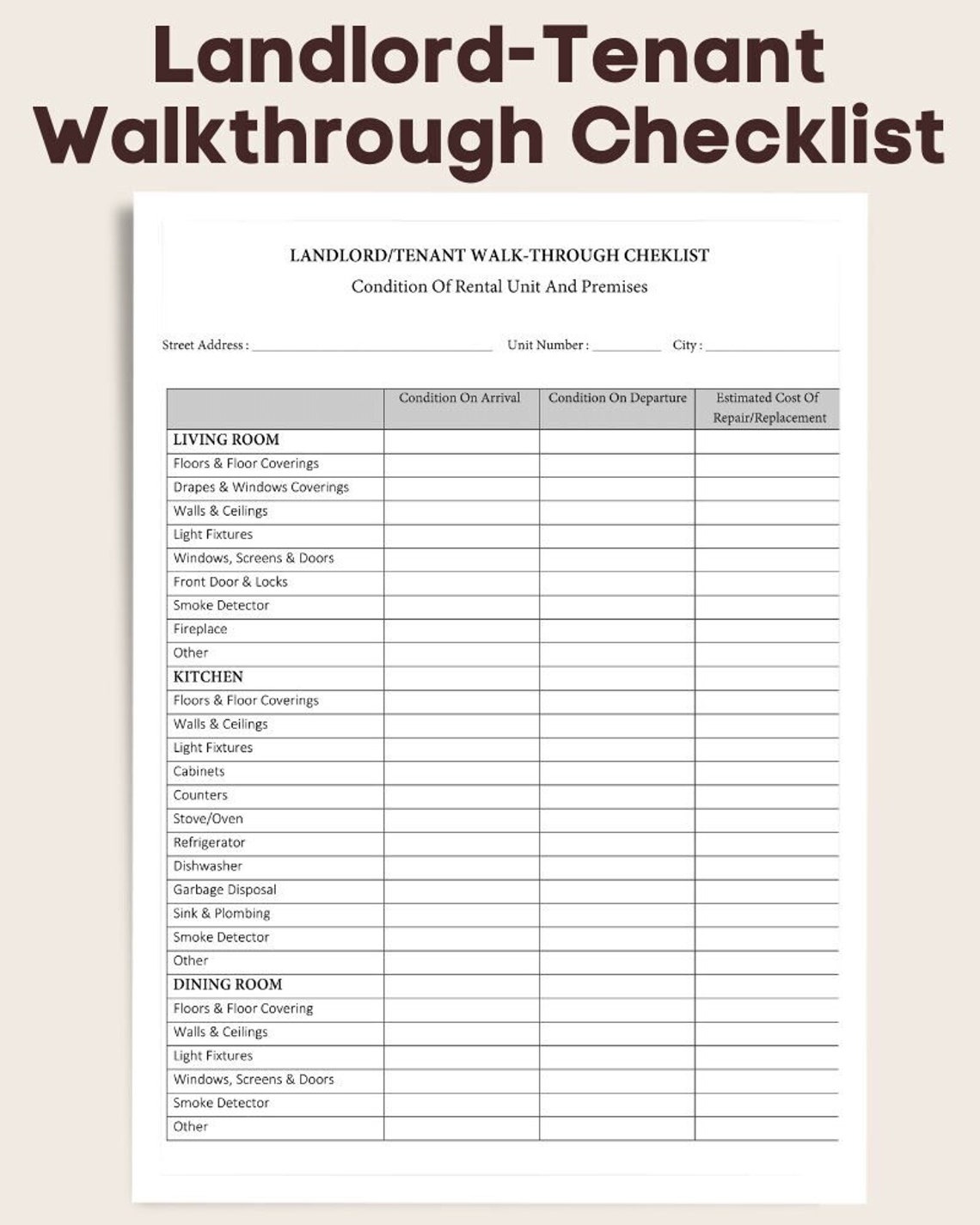 Landlord Tenant Walkthrough Checklist | Printable PDF File | Editable ...