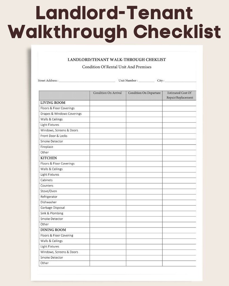 Landlord Tenant Walkthrough Checklist | Printable PDF File | Editable ...
