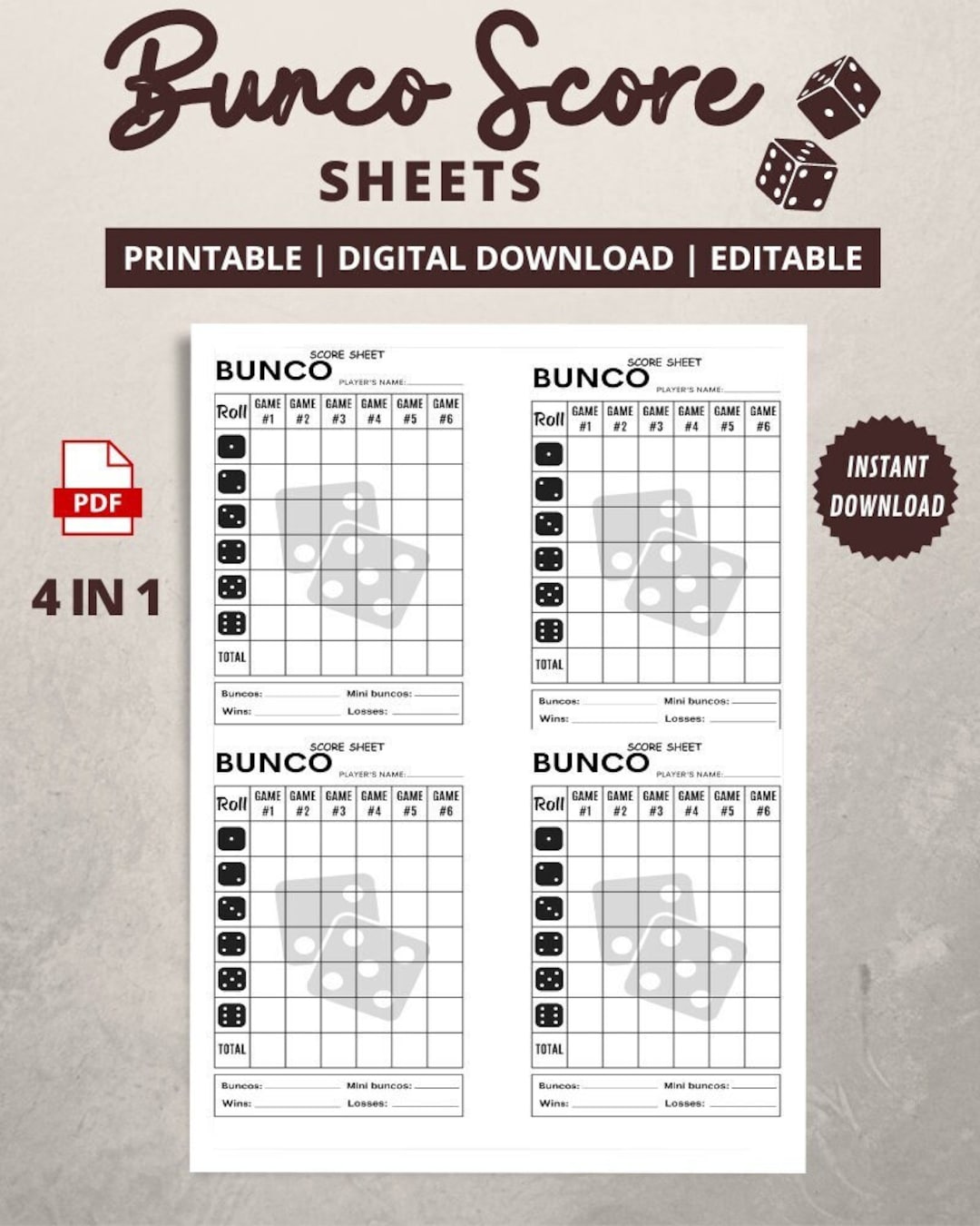 Bunco Score Sheets 4 in 1 | Printable Bunco Cards | Printable File ...