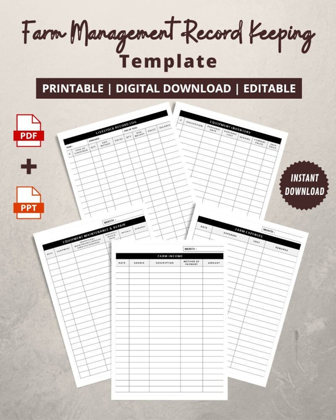 Farm Management Record Keeping Template | Printable and Editable Farm ...