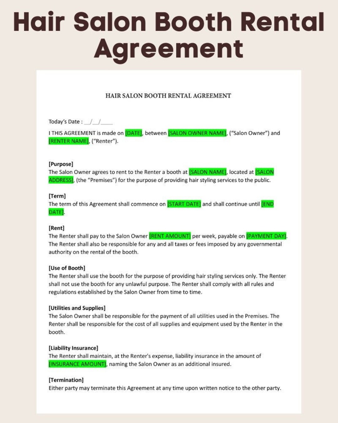 Professional Hair Salon Booth Rental Agreement | Editable MS WORD File ...