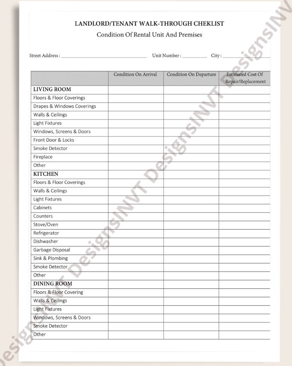 Landlord Tenant Walkthrough Checklist | Printable PDF File | Editable ...