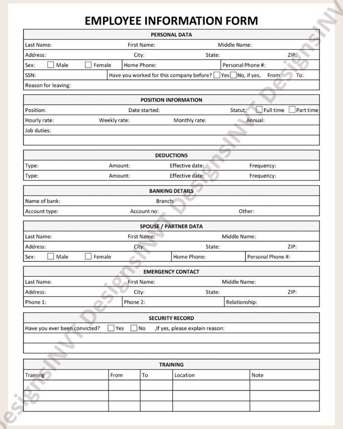 Editable Employee Information Form | New Hire Employee Information Form ...