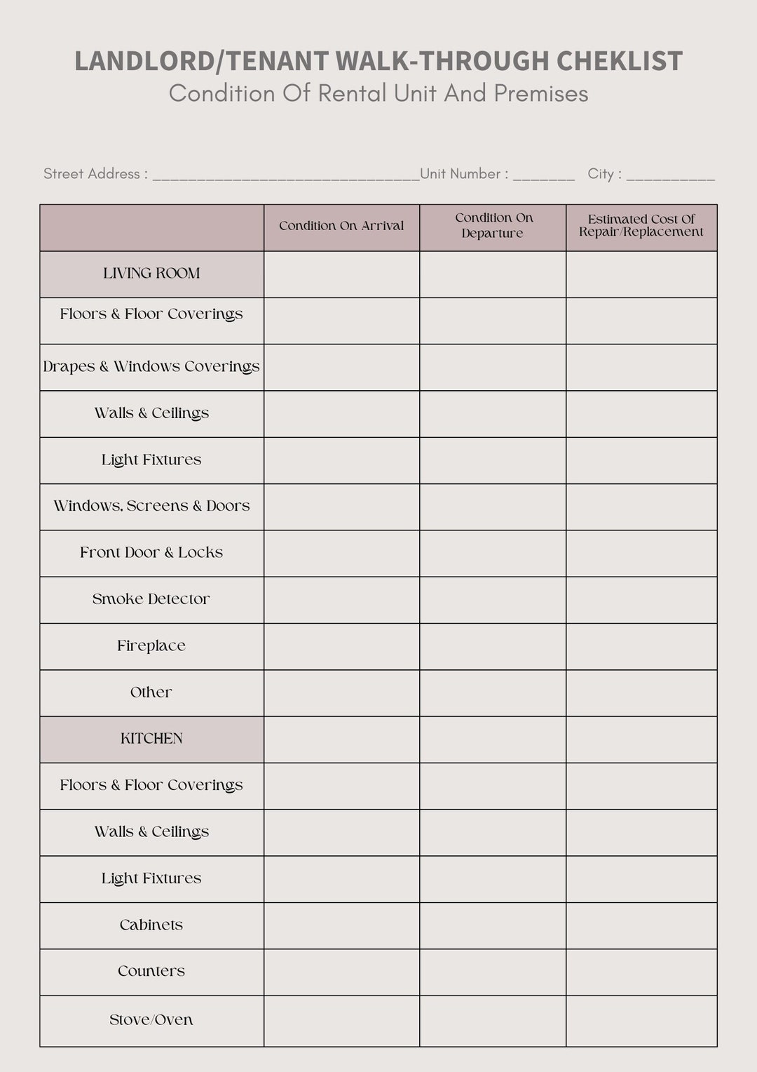 Landlord Tenant Walkthrough Checklist: Editable Rental Inspection Form ...