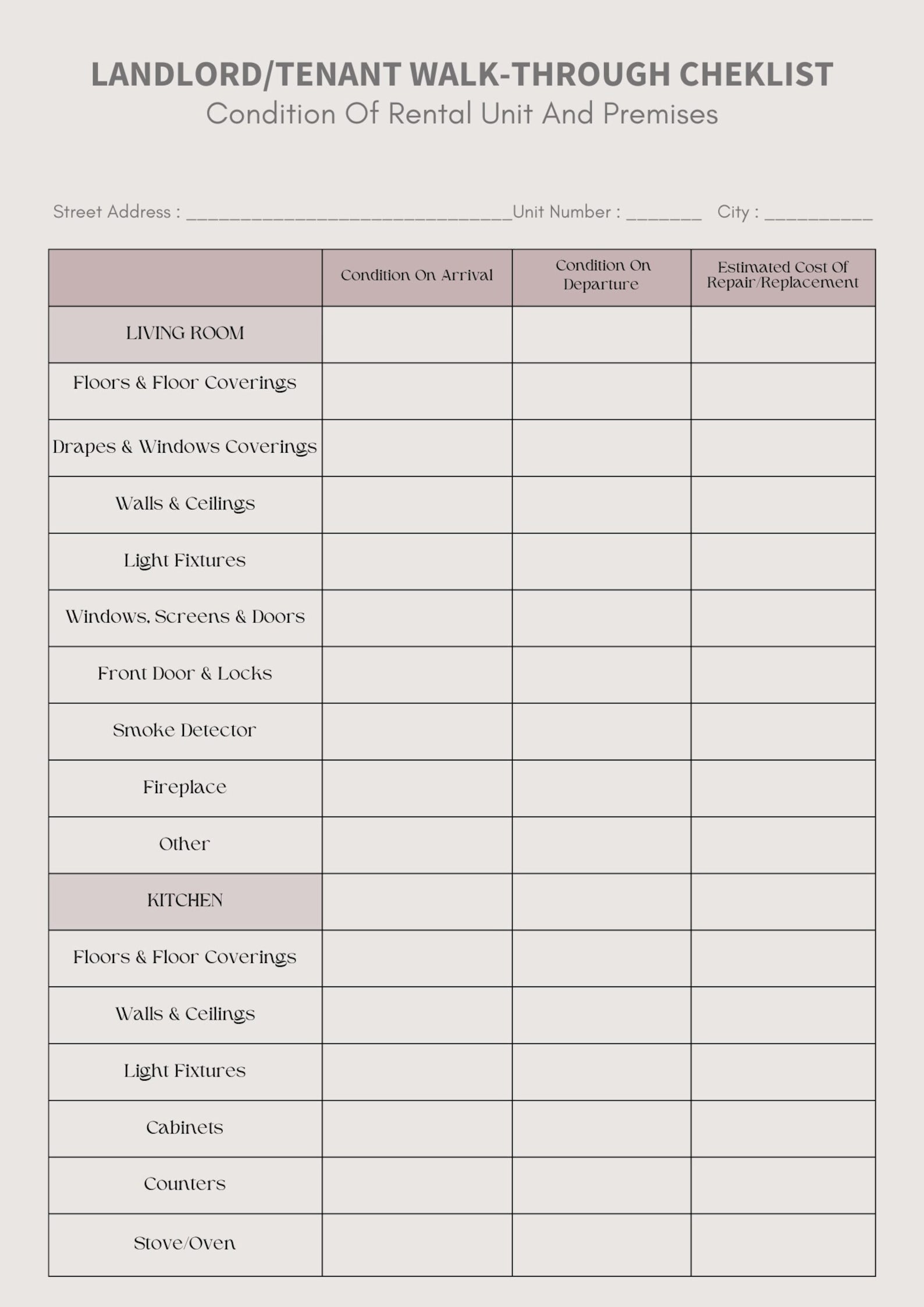 Landlord Tenant Walkthrough Checklist: Editable Rental Inspection Form ...