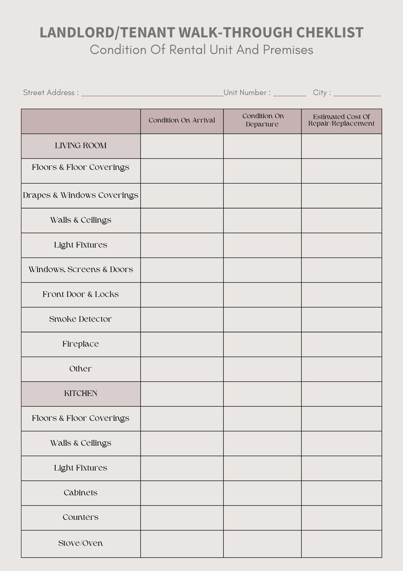 Landlord Tenant Walkthrough Checklist: Editable Rental Inspection Form ...