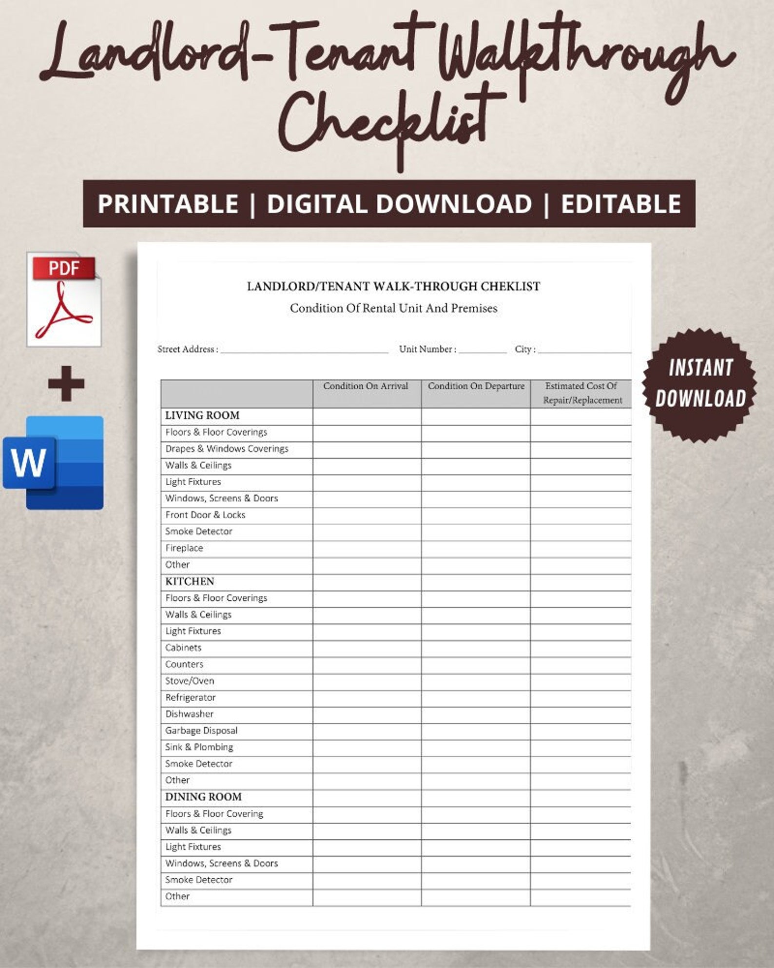 Landlord Tenant Walkthrough Checklist | Printable PDF File | Editable ...
