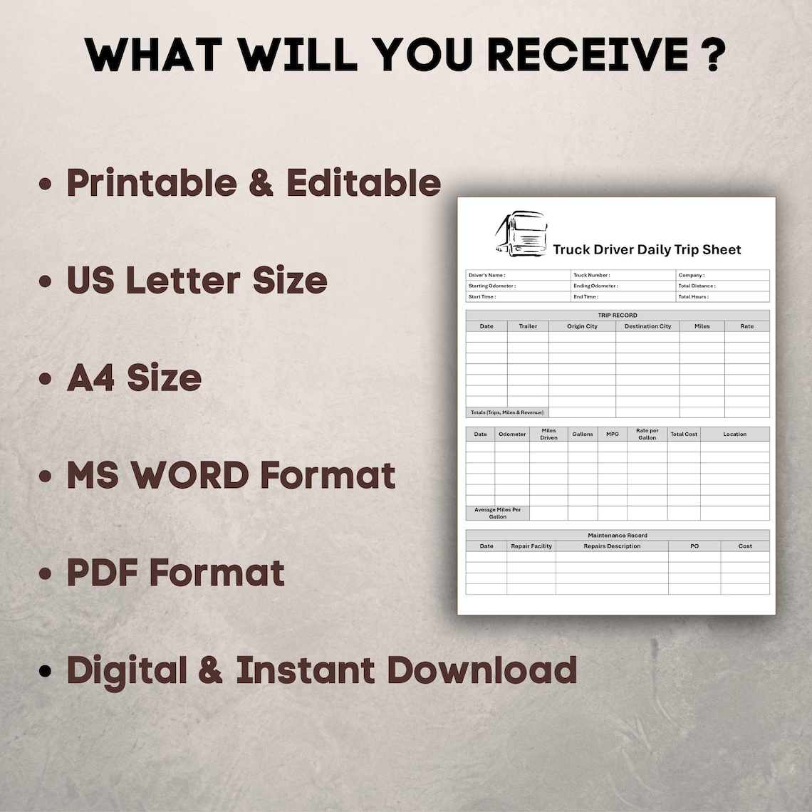Truck Driver Daily Trip Sheet Template. Editable Truck Log Form - Etsy