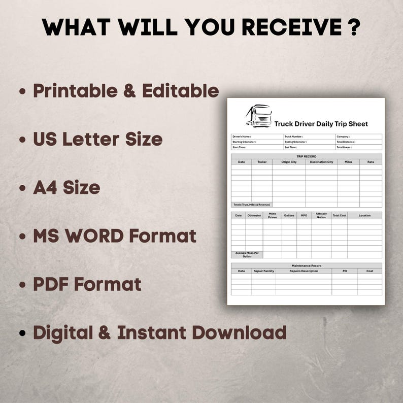 Truck Driver Daily Trip Sheet Template. Editable Truck Log Form - Etsy