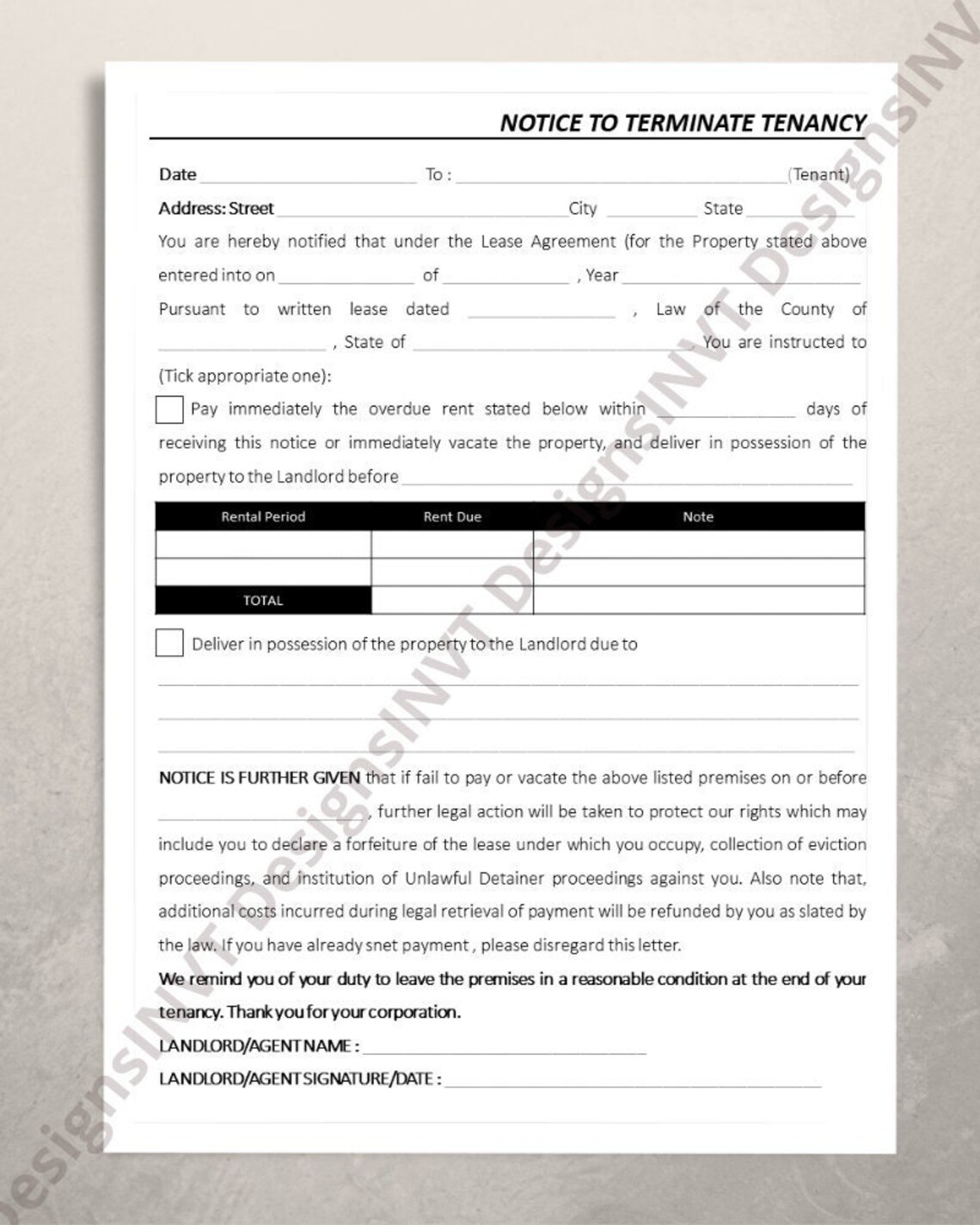 Notice to Terminate Tenancy | Notice to Pay Rent or Vacate Form ...