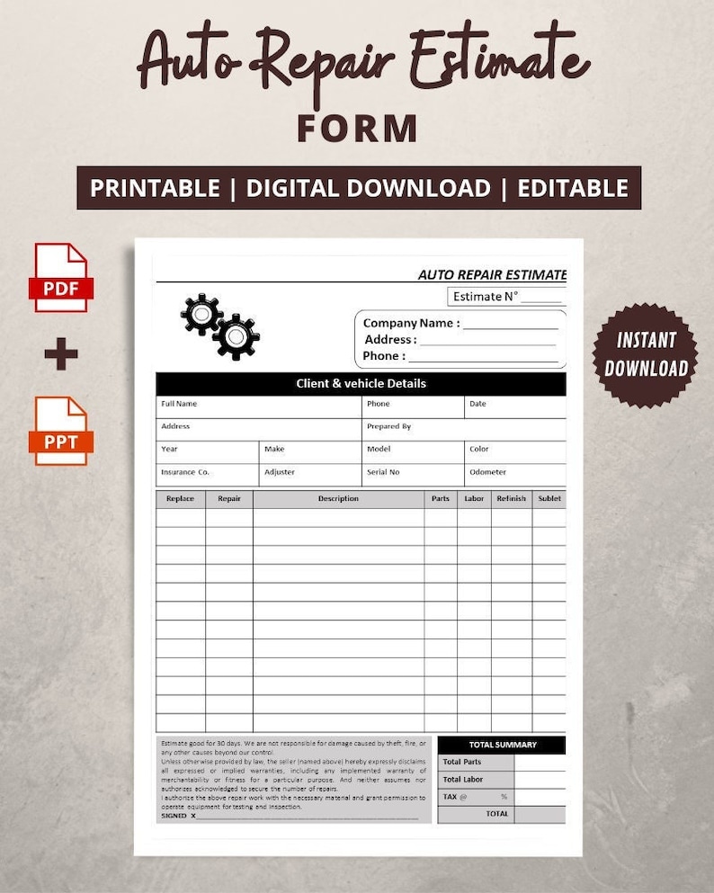 Auto Repair Estimate Form: Printable Mechanic Work Order (PDF & PPT) - Etsy