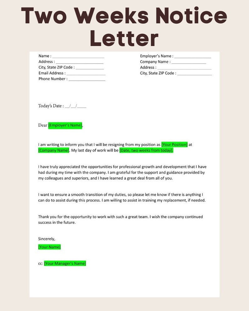 Professional Two Weeks Notice Letter Template - Etsy