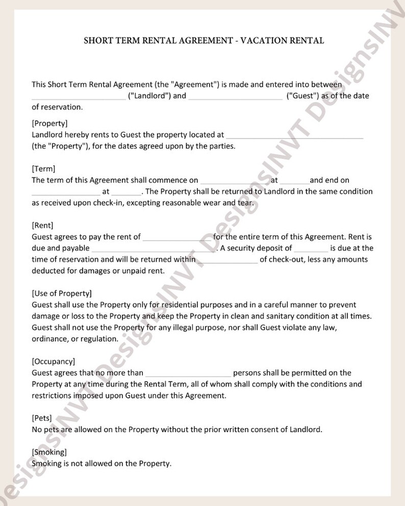 Simple Short Term Rental Agreement - Vacation Rental | Editable MS WORD ...