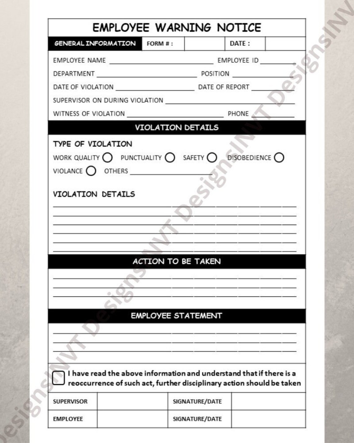Employee Warning Notice Form | Employee Disciplinary Notice | Employee ...