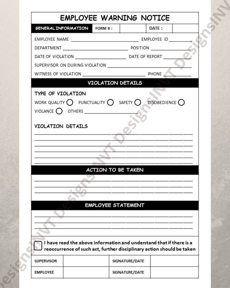 Employee Warning Notice Form | Employee Disciplinary Notice | Employee ...