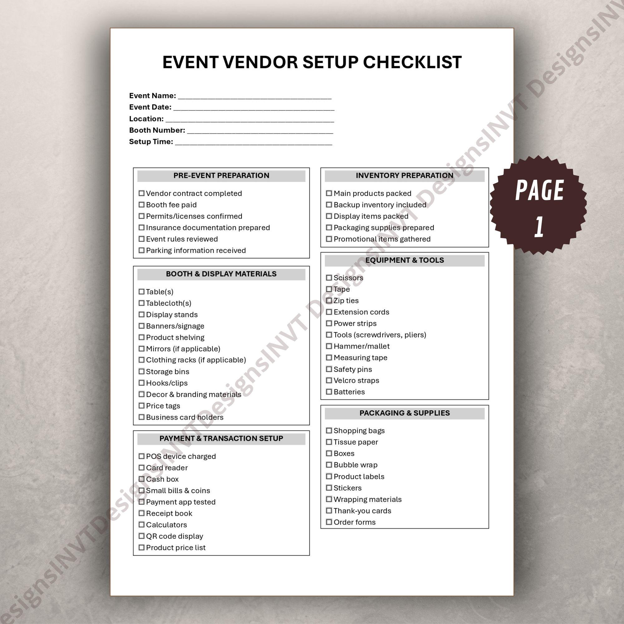 Event Vendor Setup Checklist Template - Etsy