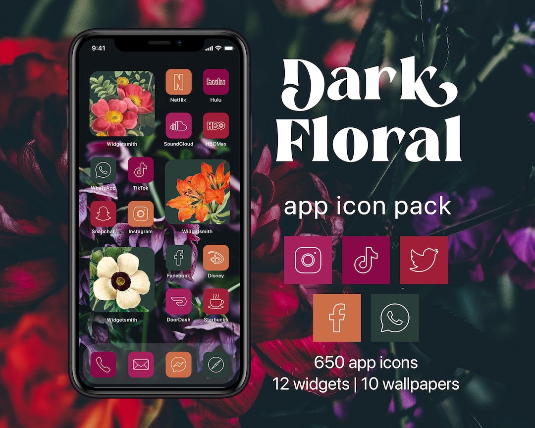 Aesthetic iPhone Icon Pack for Ios, Dark Floral Icons - Etsy