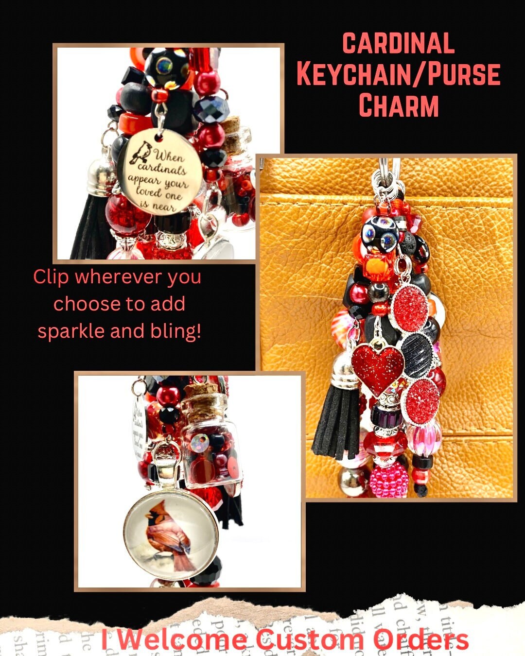 Cardinal Keychain Charm, Cardinal Purse Charm for Bags, Cardinal Lover ...