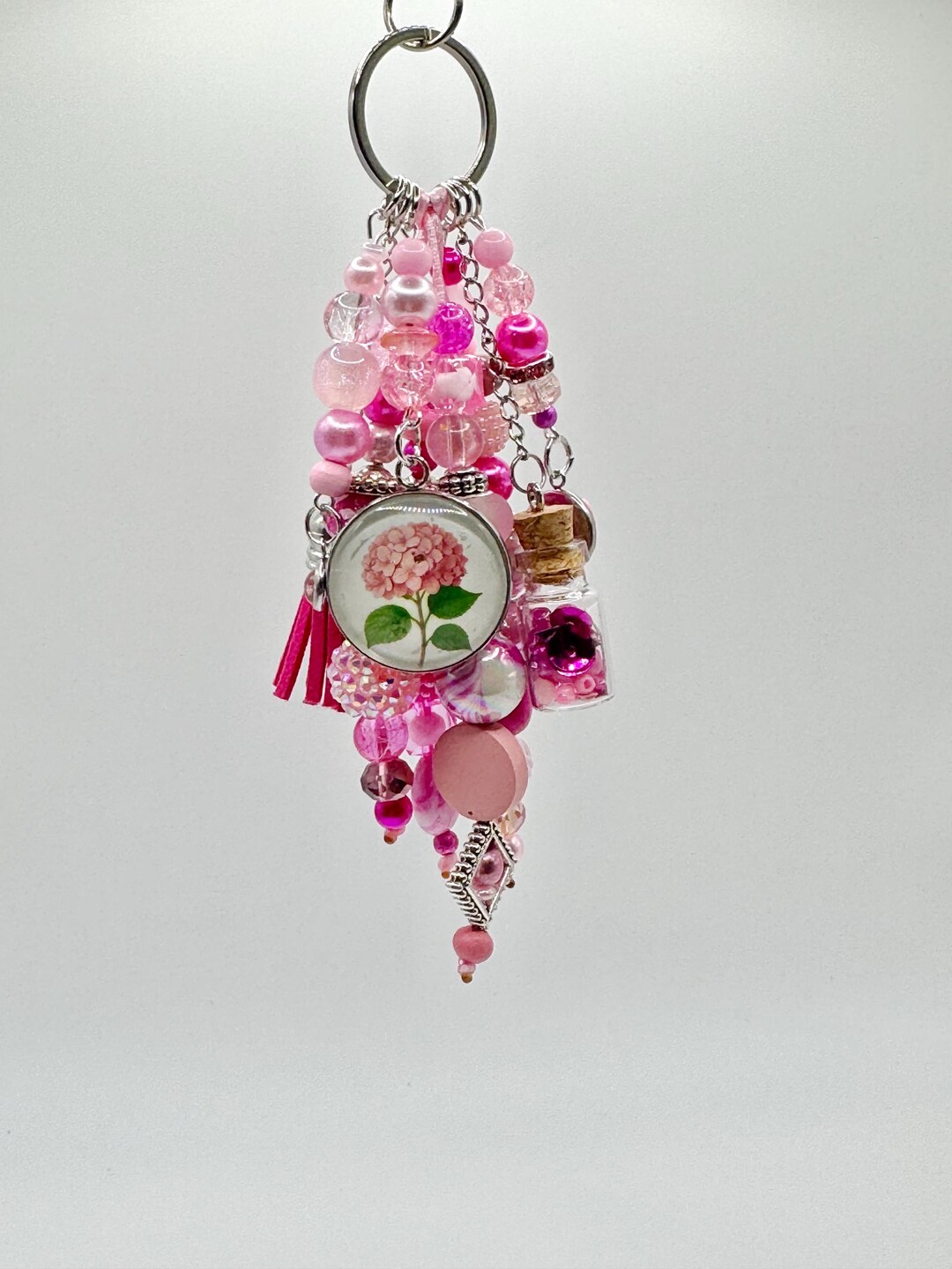 Cute Pink Hydrangea Keychain, Beaded Hydrangea Bag Charm, Pink Flower ...